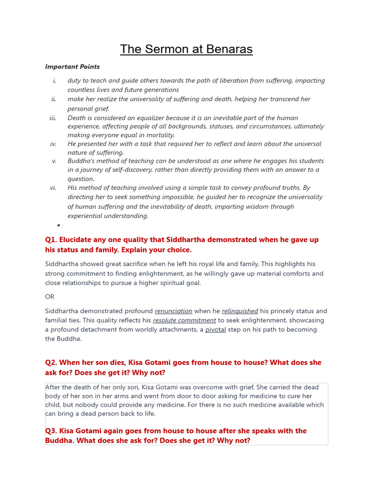 The Sermon at Benaras Class 10 English CBSE Board Literature Help Material | PDF | Religious ...