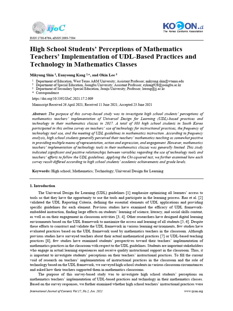 2021 School Students' Perceptions of Mathematics Teachers' Implementation of UDL-Based Practices ...