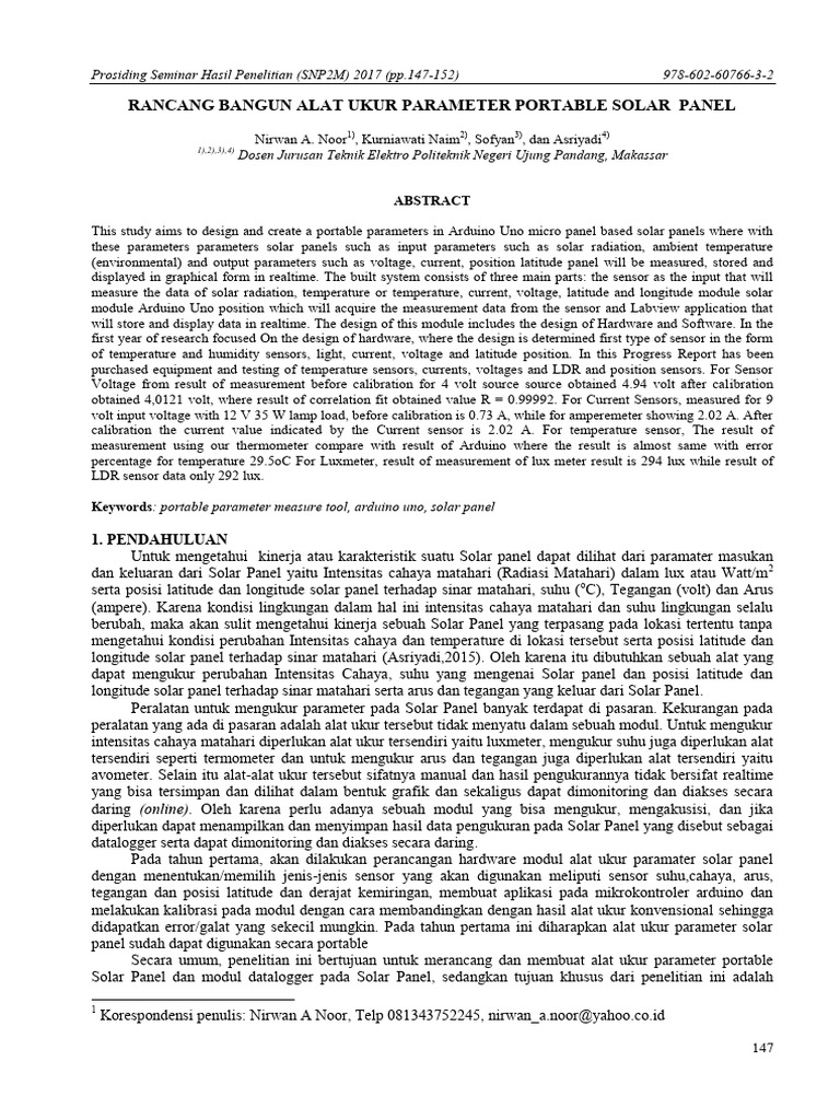 Rancang Bangun Alat Ukur Parameter Solar Panel (SNP2M 2017) | PDF ...
