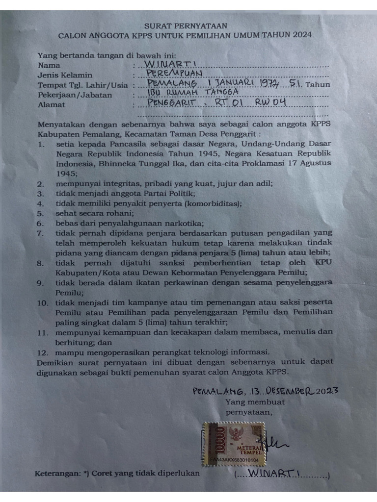 Winarti - Surat Pernyataan - Tps 13 | PDF