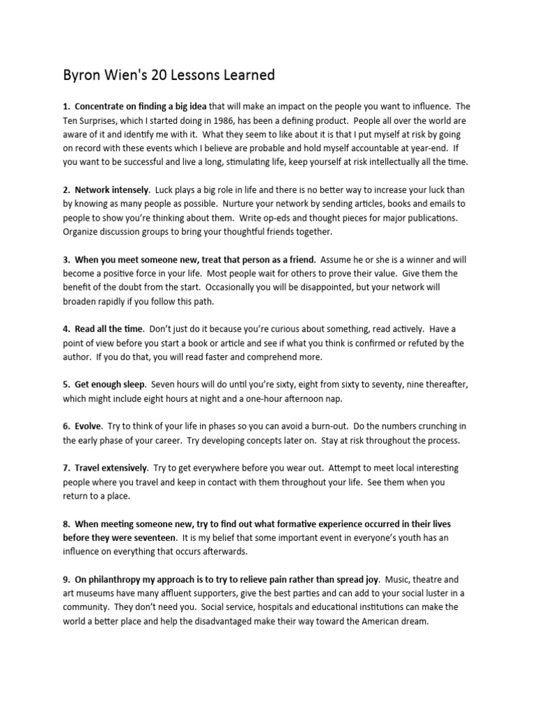 Byron Wien 20 Lessons Learned | PDF | Psychological Concepts | Behavioural Sciences