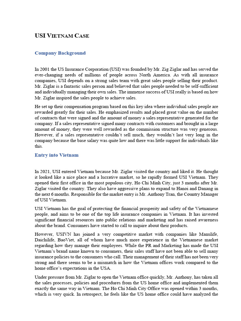 Unit 01 Case - USI Vietnam Insurance | PDF | Vietnam | Sales