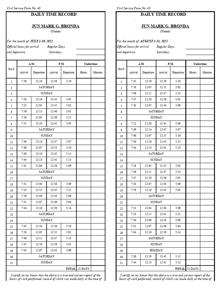 Daily Time Record for Civil Service | PDF | Government | Public Law