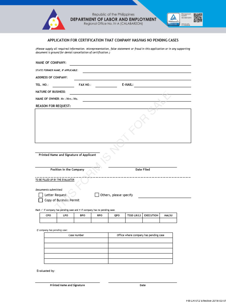 FM-LR-012 - Application For Certificate of No Pending Case | PDF
