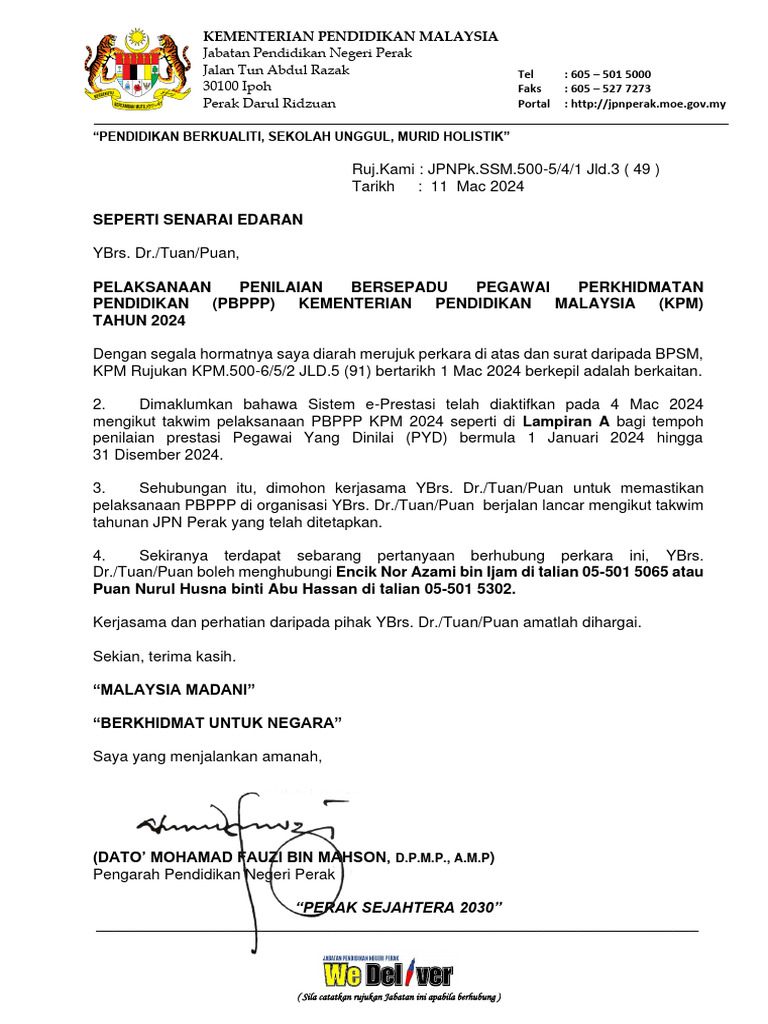 Surat JPN Perak & KPM Pelaksanaan PBPPP Tahun 2024 | PDF