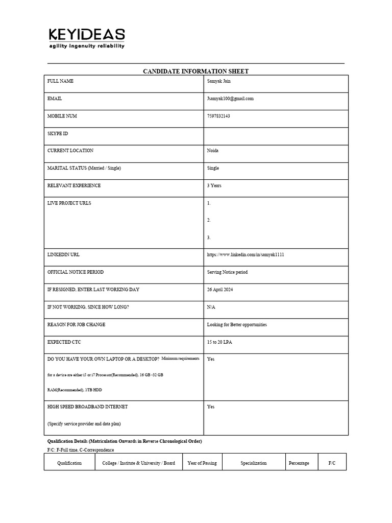 Candidate Information Sheet _Net | PDF | Computing | Computer Hardware