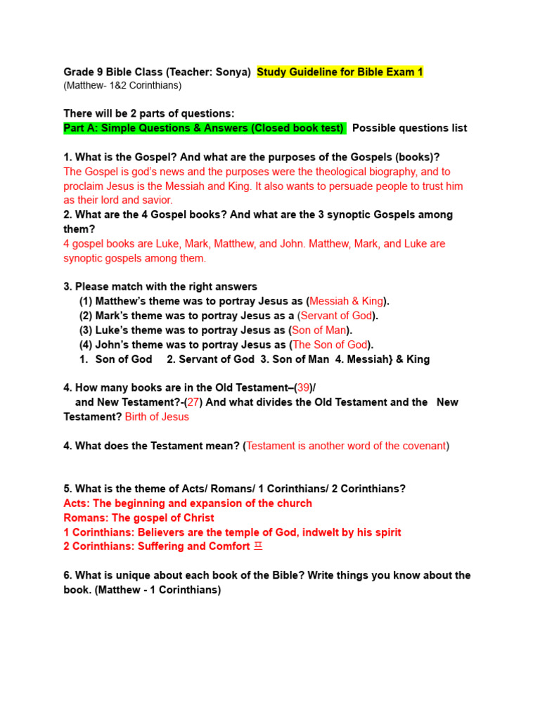 Grade 9 Bible Exam Study Guide | PDF | Jesus | Gospel Of Mark