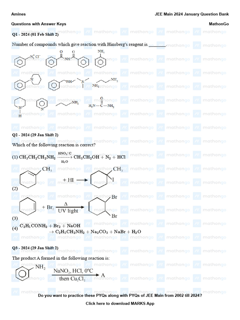 Amines - JEE Main 2024 January Question Bank - MathonGo | PDF | Amine | Molecules