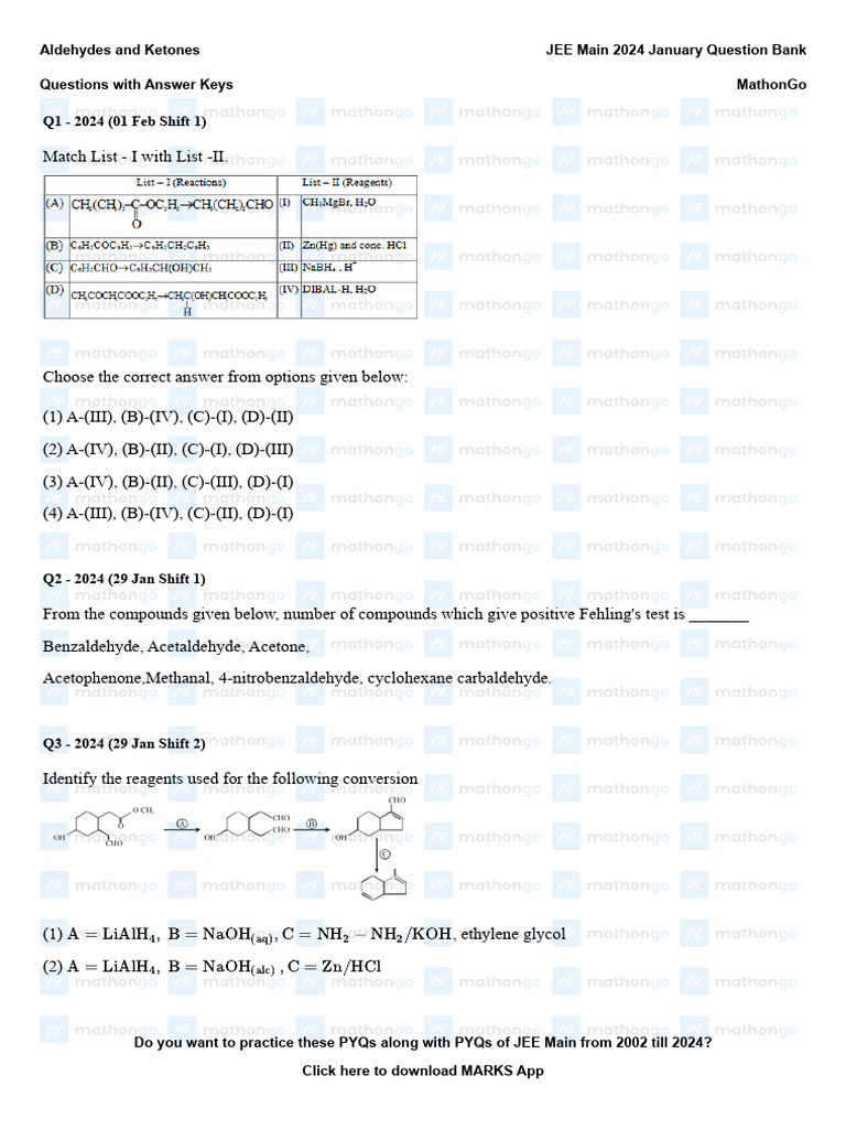 Aldehydes and Ketones - JEE Main 2024 January Question Bank - MathonGo | PDF | Aldehyde ...