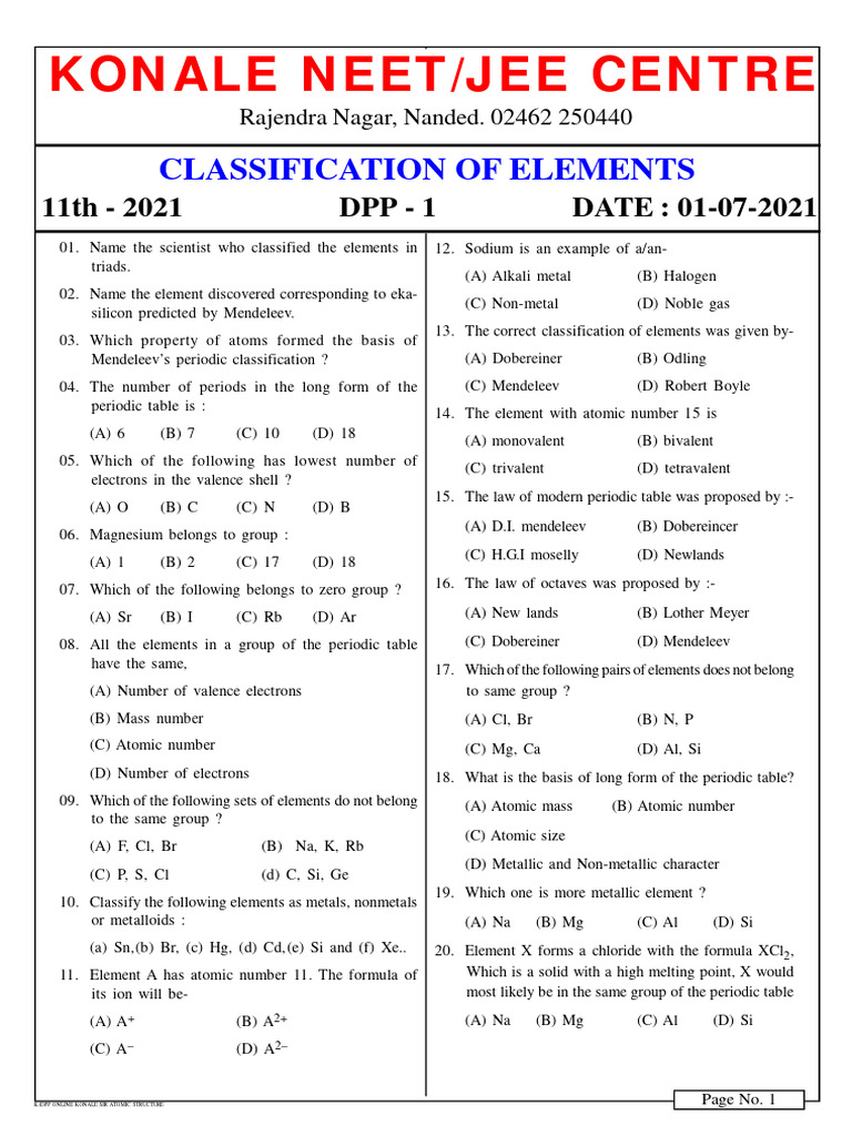 Classification of Elements DPP 1-3 | PDF | Periodic Table | Chemical Elements