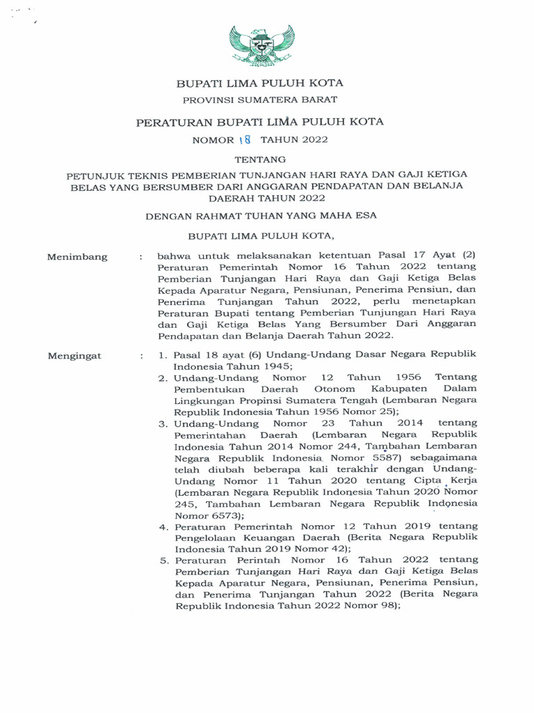 Perbup No 18 Tahun 2022 TTG Petunjutk Teknis Pemberian Tunjangan Hari ...
