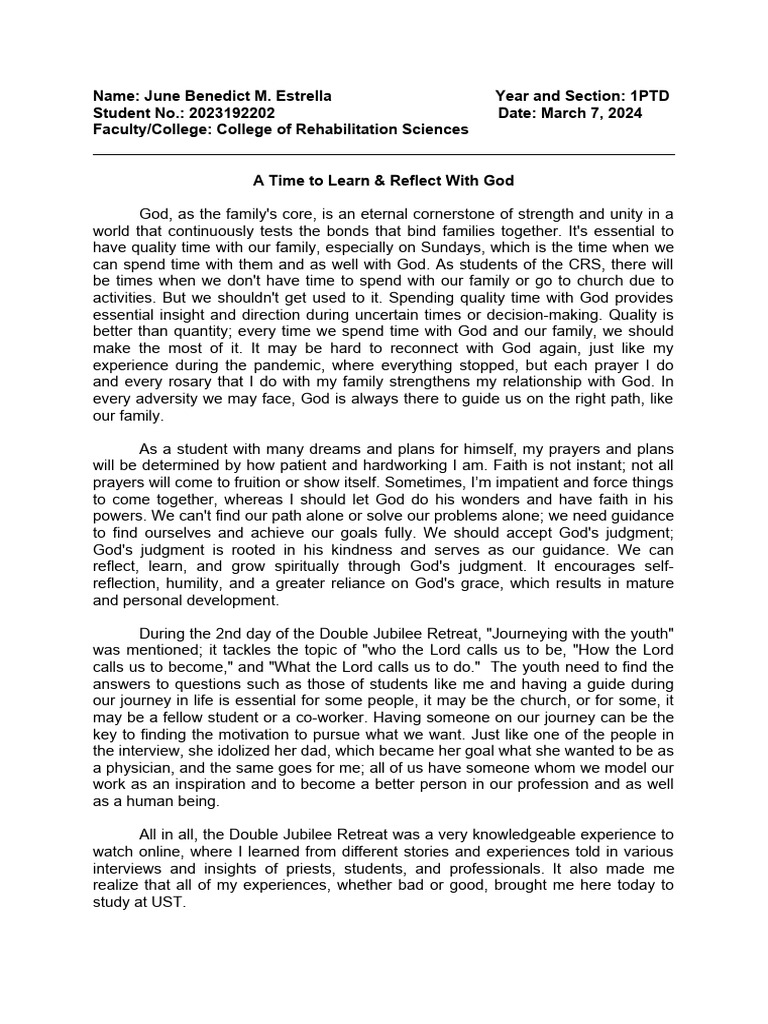 ESTRELLA Saint Thomas Aquinas Double Jubilee Retreat Reflective Essay | Download Free PDF ...