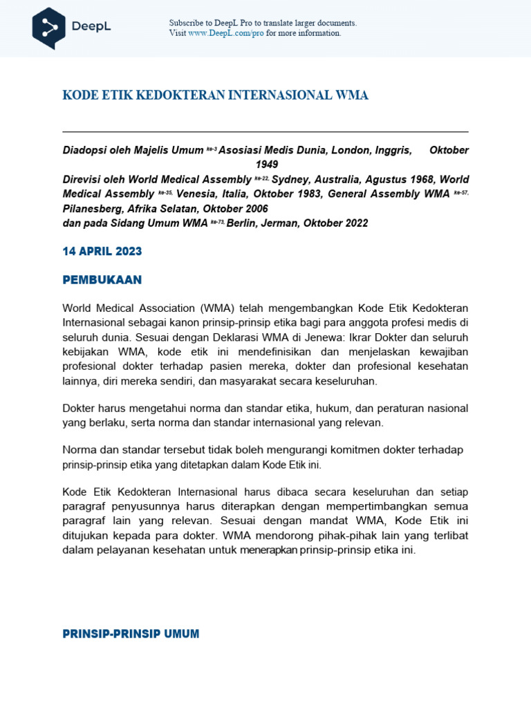 Kode Etik Kedokteran Internasional WMA | PDF