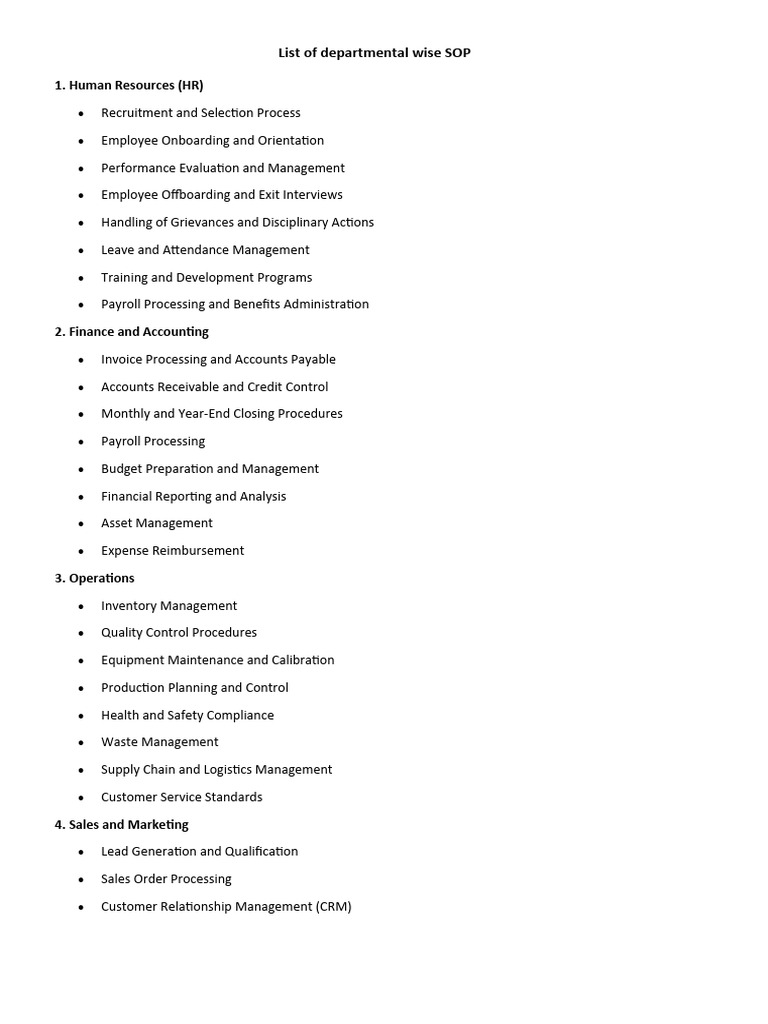 List of Departmental Wise SOP: 1. Human Resources (HR) | PDF ...