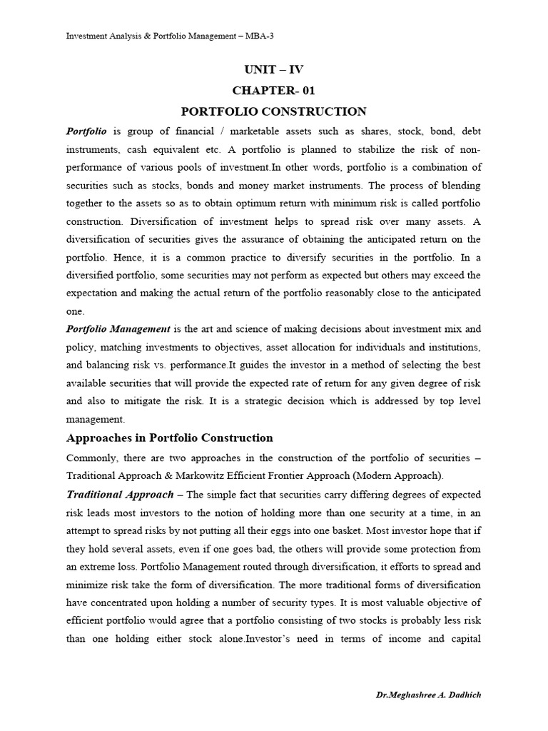 IAPM - Unit - 4 & 5 (MBA-3) | PDF | Diversification (Finance) | Investing