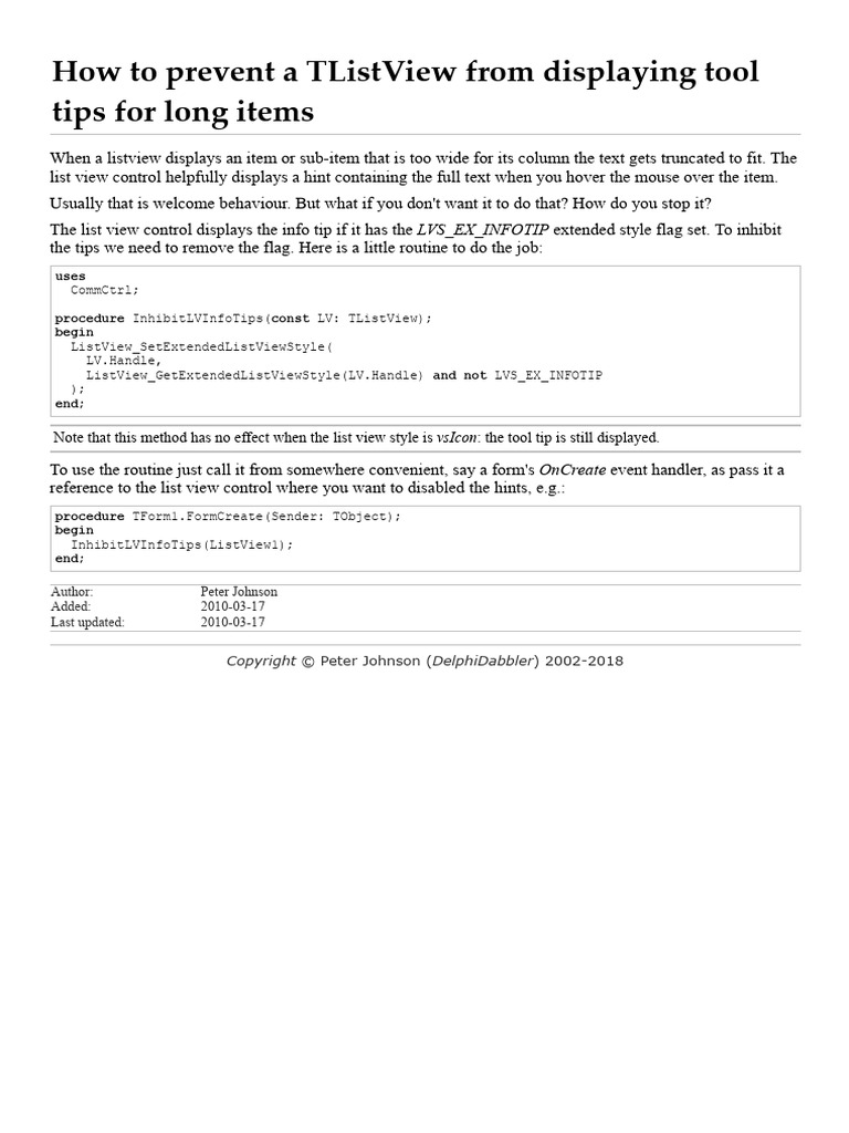 How To Prevent A TListView From Displaying Tool Tips For Long Items | PDF