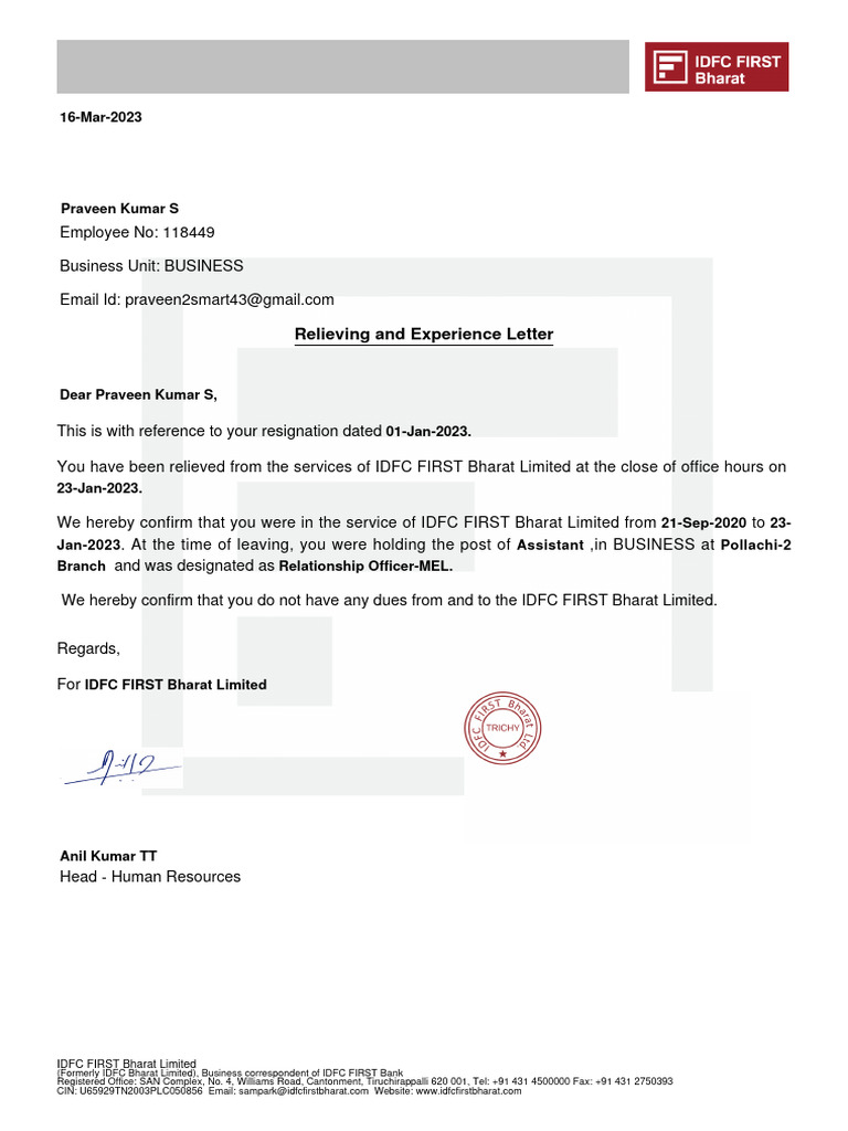 Relieving and Experience Letter: IDFC FIRST Bharat Limited | PDF | Business
