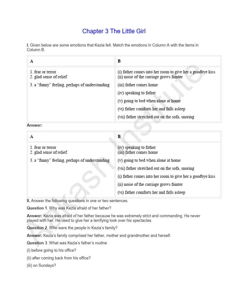 Ncert Solutions Class 9 English Chapter 3 Chapter 3 The Little Girl | PDF