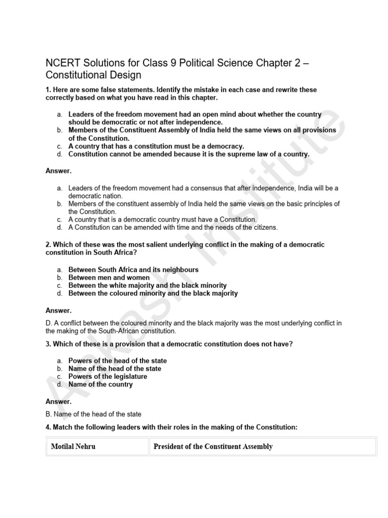 NCERT Solutions For Class 9 Political Science Chapter 2 - Constitutional Design | PDF ...