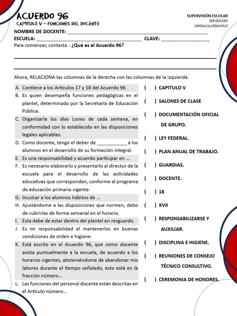 Acuerdo 96 Columnas A Relacionar-Supervision Escolar Zona 233 | PDF