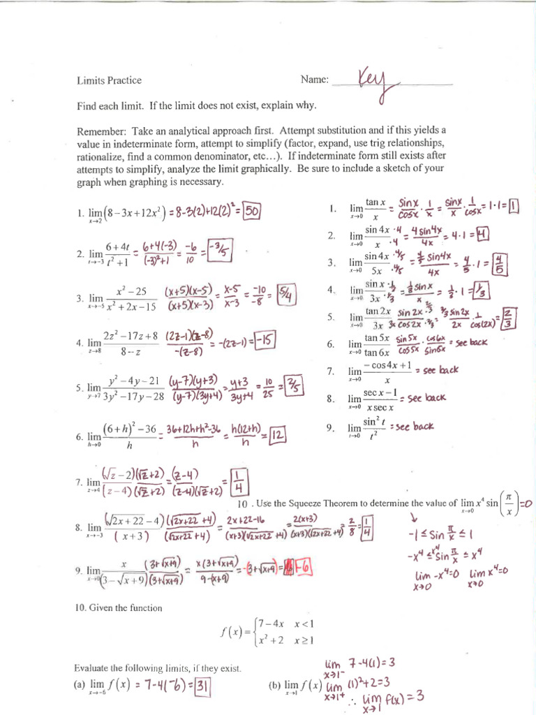 7 - Computing Limits III - Limits Practice Key | PDF