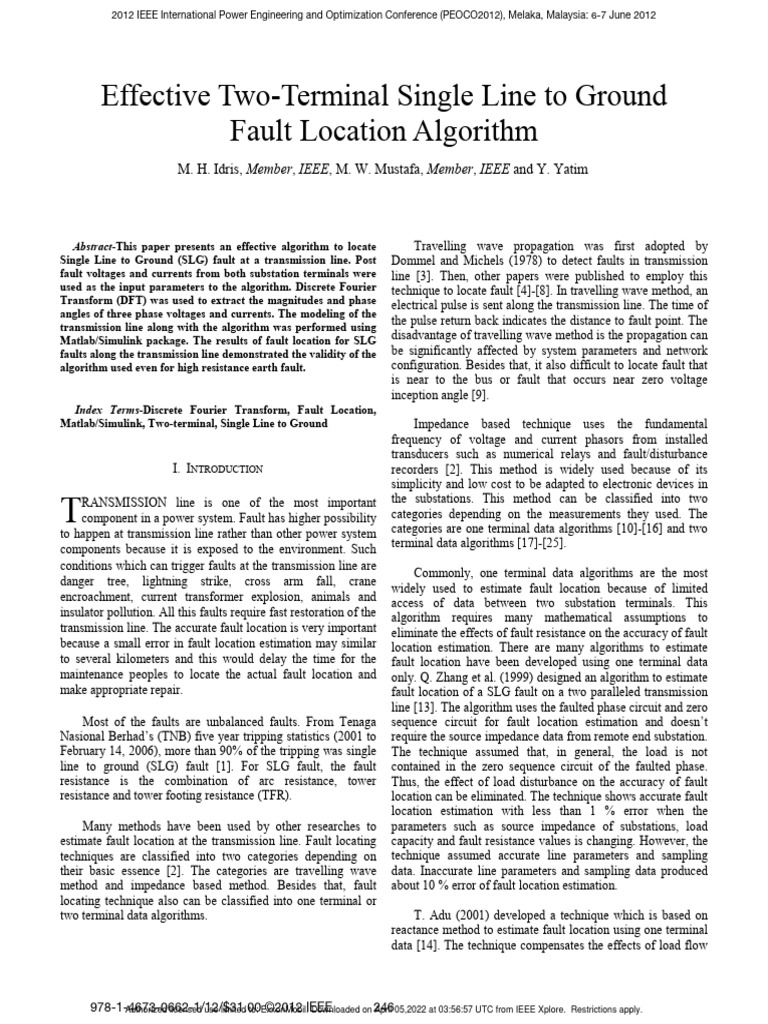 Effective Two-Terminal Single Line To Ground Fault Location Algorithm | PDF | Electrical ...