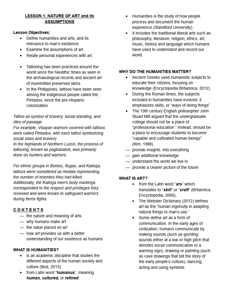 Lesson 1: Nature of Art and Its Assumptions Lesson Objectives | PDF
