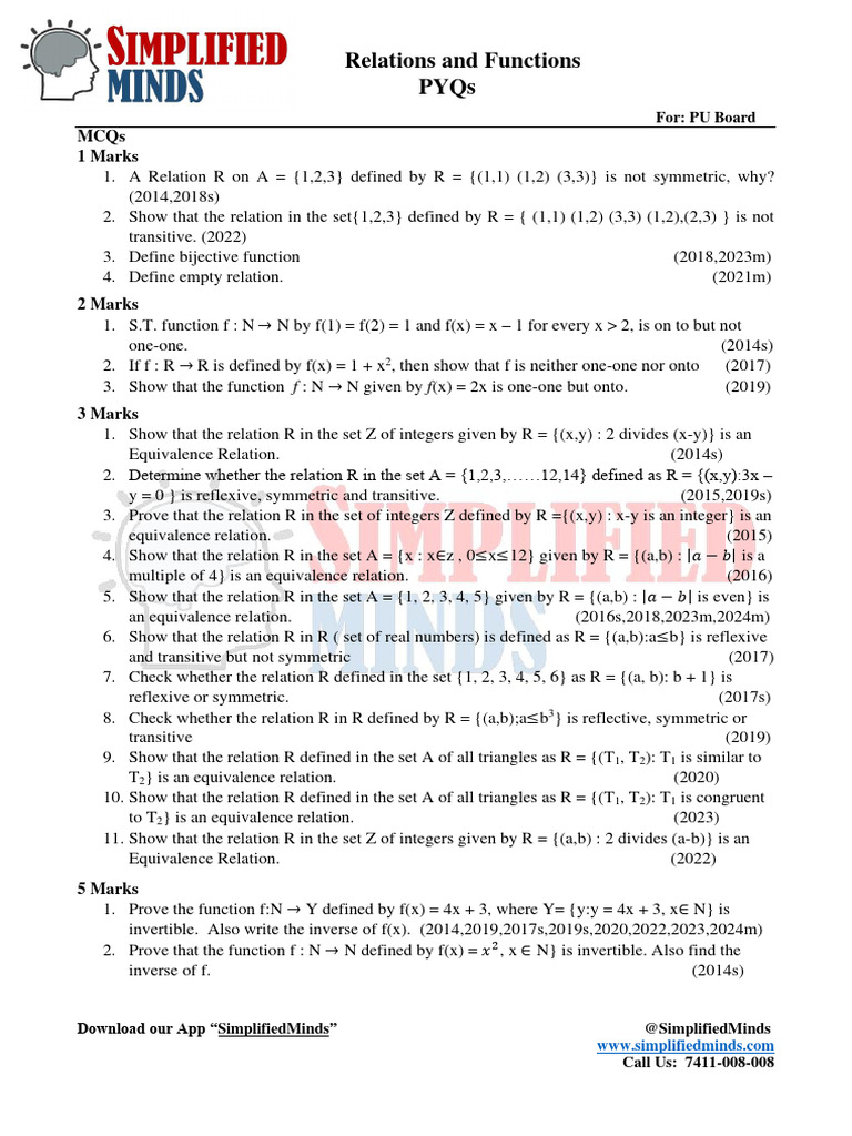 1.relations and Functions 2ndPUC PYQs | PDF | Elementary Mathematics | Algebra