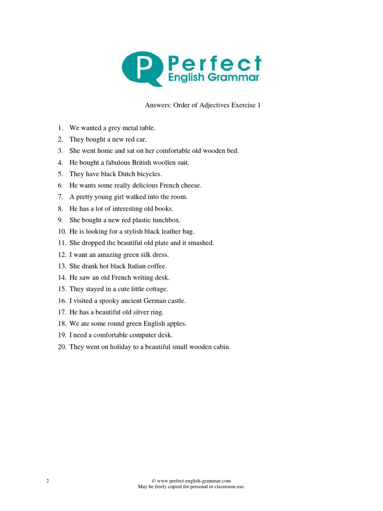 Order-Of-Adjectives-Exercise-1w Answers | PDF