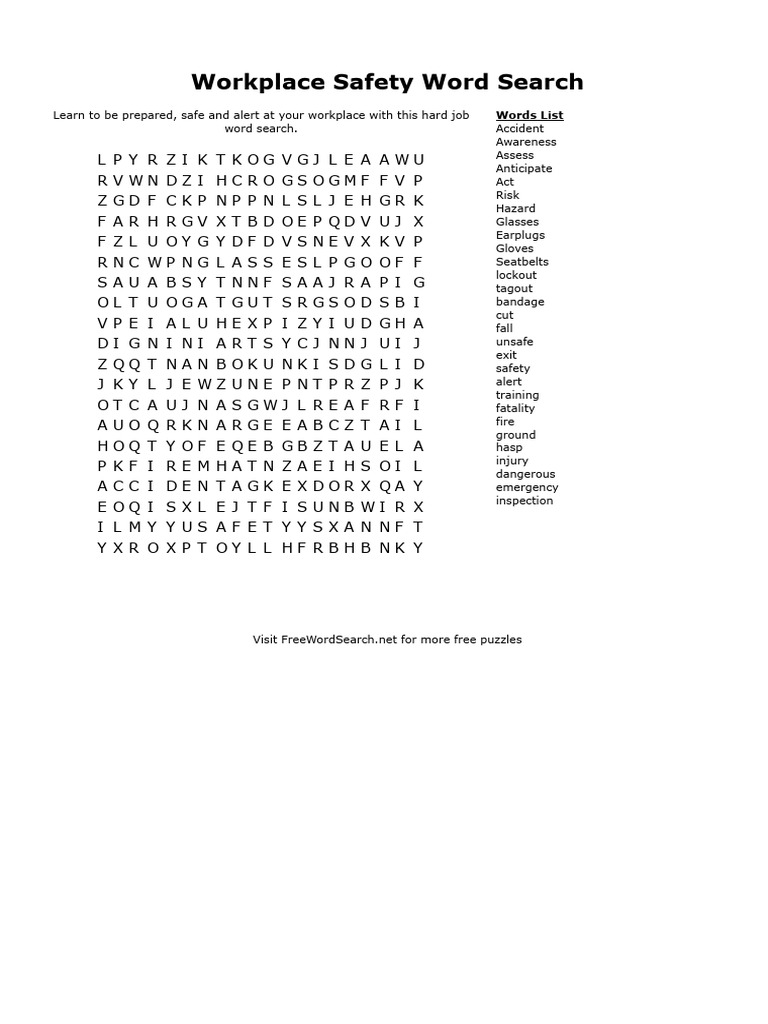 Workplace Safety Word Search | PDF | Safety | Working Conditions