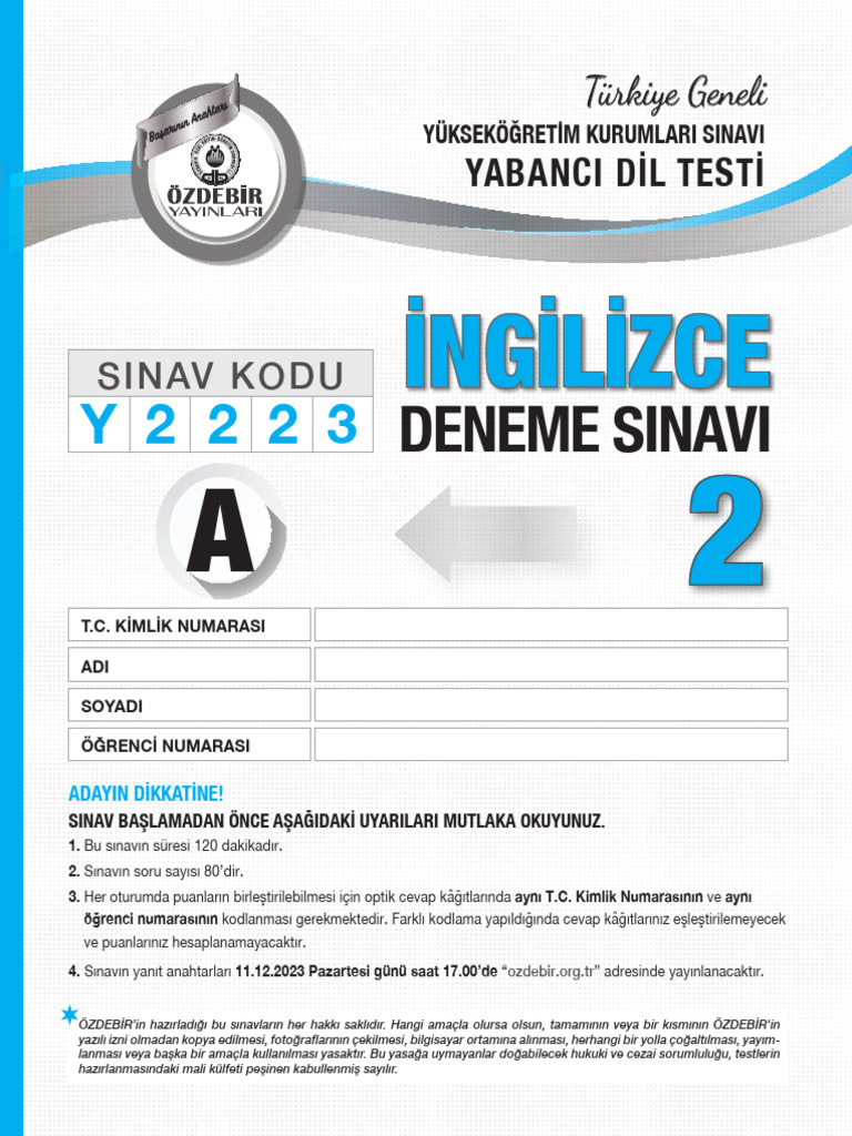 Yks - Ydt İngi̇li̇zce Deneme Sinavi - 2 - Ornek | PDF