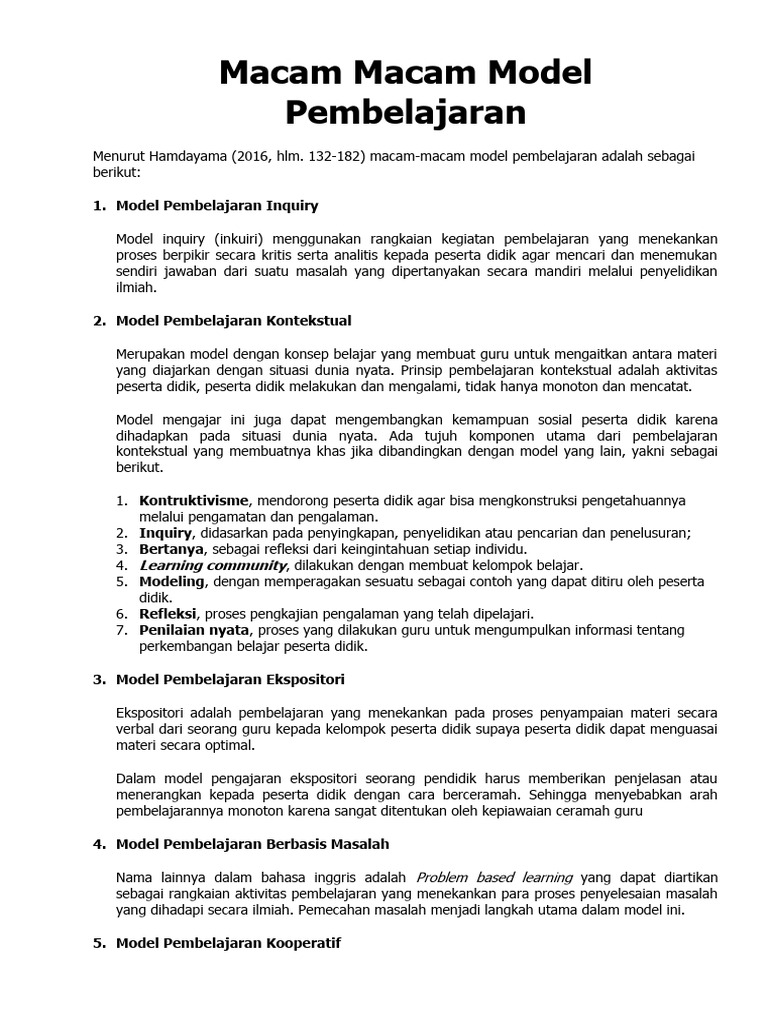Macam-Macam Model Pembelajaran | PDF | Karier & Perkembangan | Seni