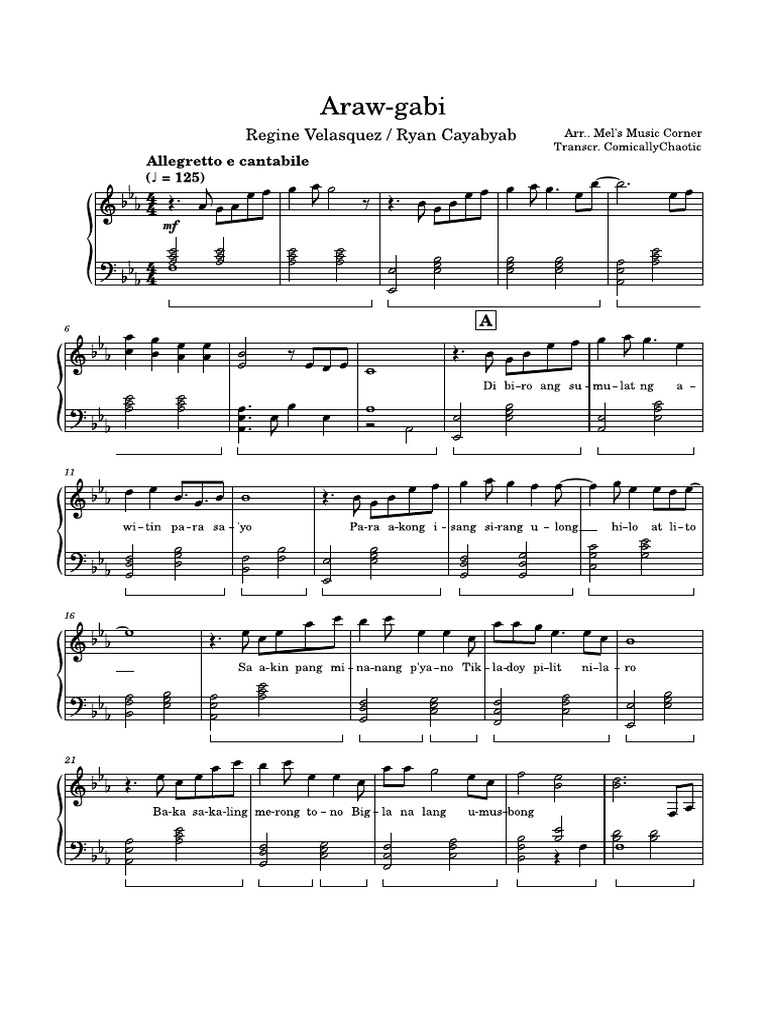 Araw Gabi Regine Velasquez Ryan Cayabyab Piano Lyrics | PDF