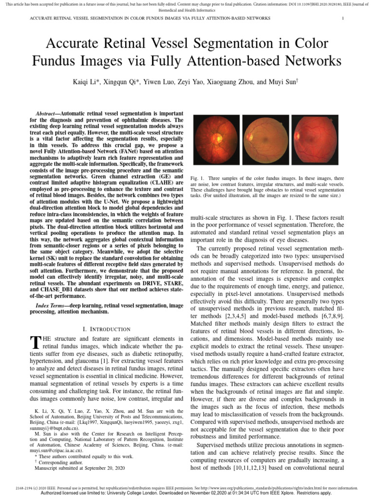 Accurate Retinal Vessel Segmentation in Color Fundus Images Via Fully Attention-Based Networks ...