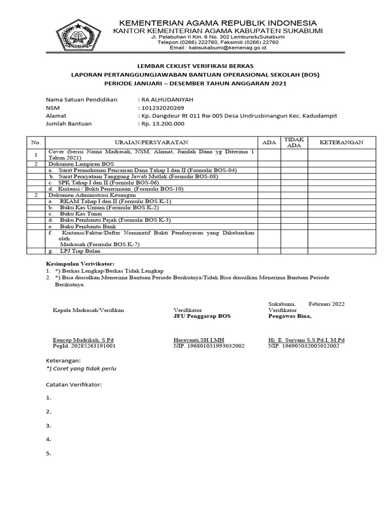 Lembar Pengesahan Berkas LPJ BOS BOP | PDF