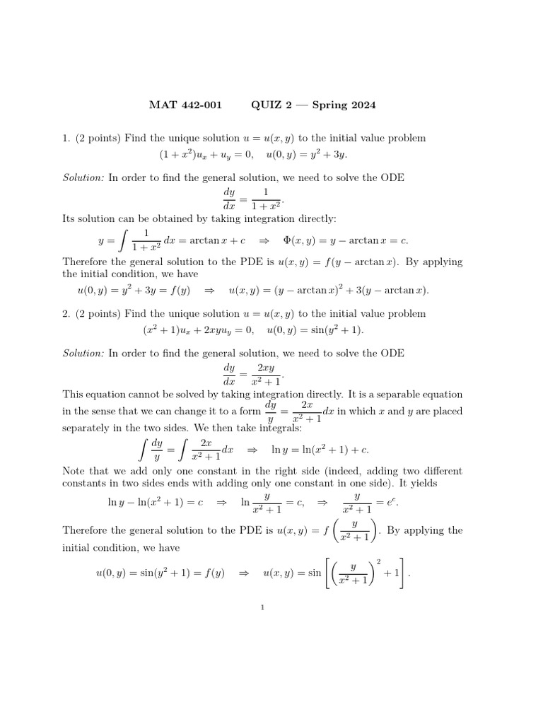 Quiz 2 Solution MTH442 | PDF | Ordinary Differential Equation | Partial Differential Equation