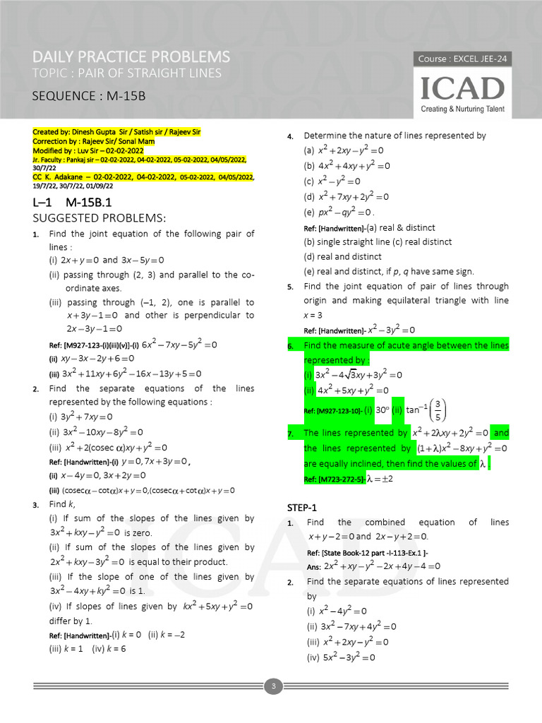 Pair of Straight Lines - (Step-2&3) - JEE 23-Ref | PDF | Euclidean ...