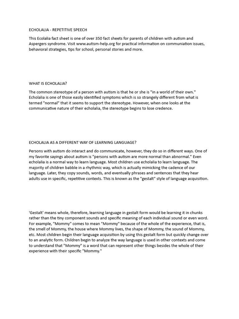 Echolalia | PDF | Cognition | Behavioural Sciences