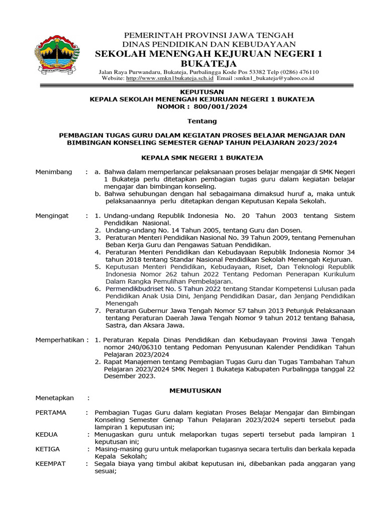 SK Pembagian Tugas Mengajar, Bimbingan Dan Tugas Tambahan 2023-2024 Rev-1 Genap | PDF