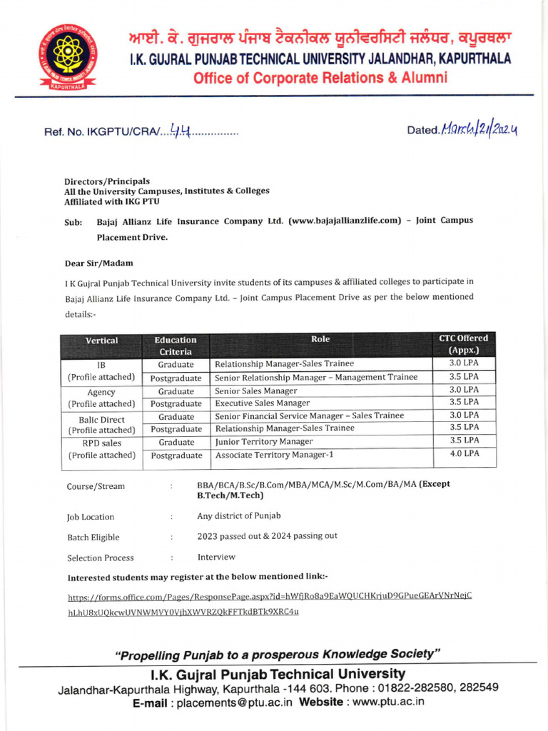 Letter - Bajaj Allianz Placement Drive | PDF | Sales | Recruitment Letter - Bajaj Allianz Placement Drive | PDF | Sales | Recruitment