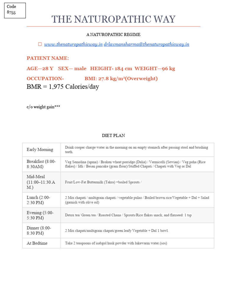 DIET CHART TH, HTN, WEIGHT LOSS | PDF