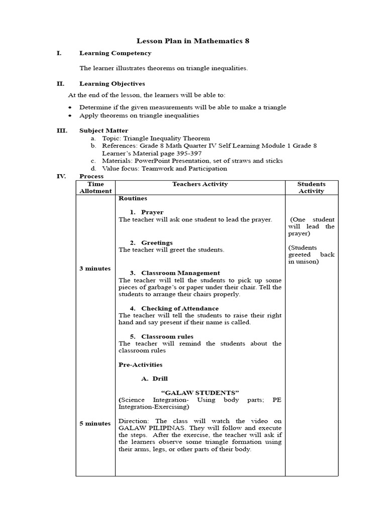 Triangle Inequality Theorem Lesson Plan | PDF | Triangle | Learning