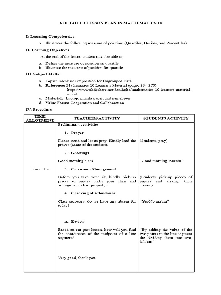 Legunes Lesson Plan | PDF | Quartile | Median