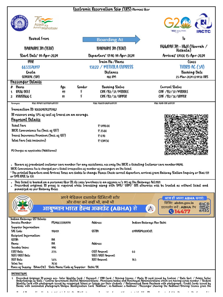 Mithila Express Third Ac (3A) | PDF | Identity Document