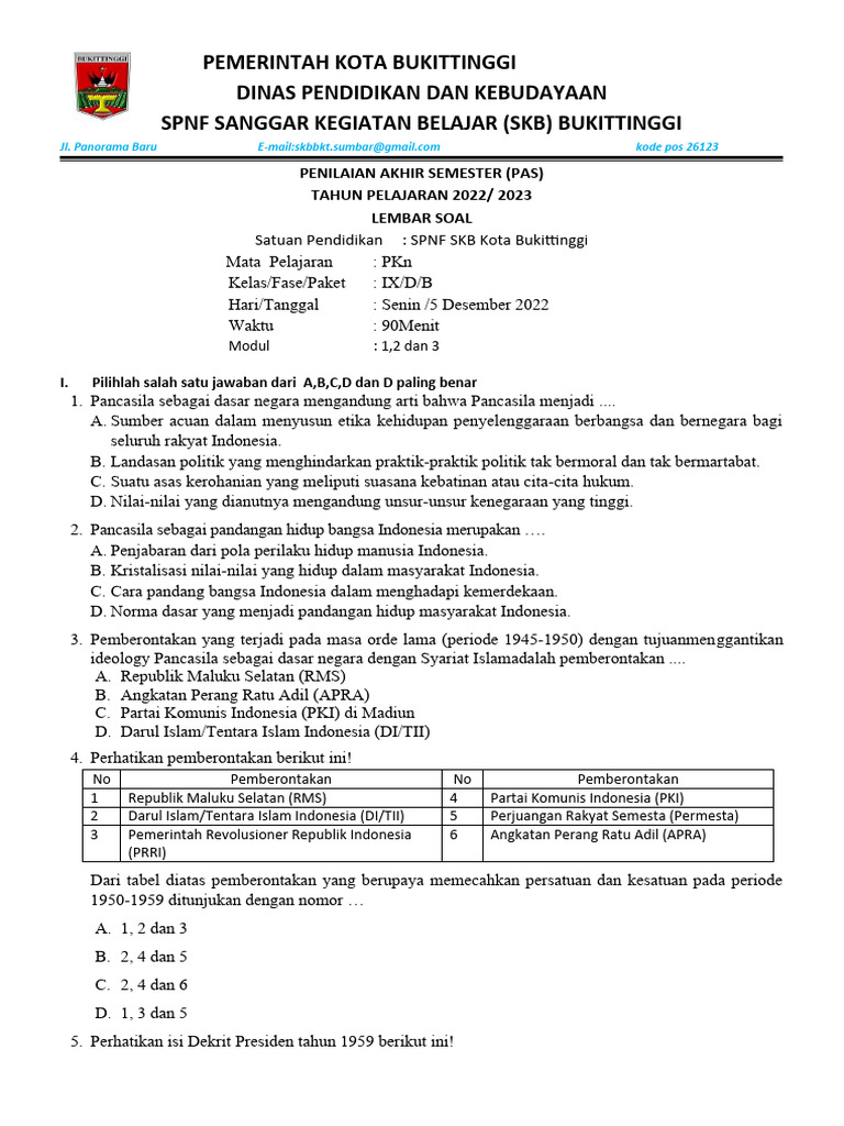 Soal PAS PKn Kelas IX Bukittinggi | PDF | Politik | Ilmu Sosial