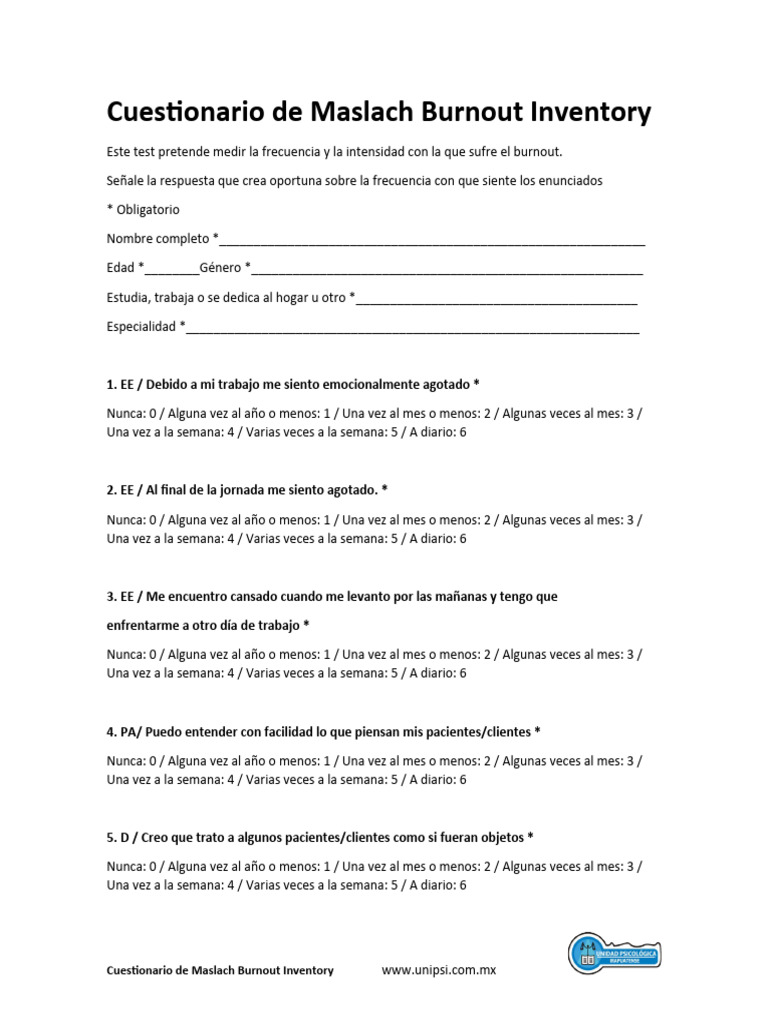 Cuestionario de Maslach Burnout Inventory | PDF | Relaciones personales ...