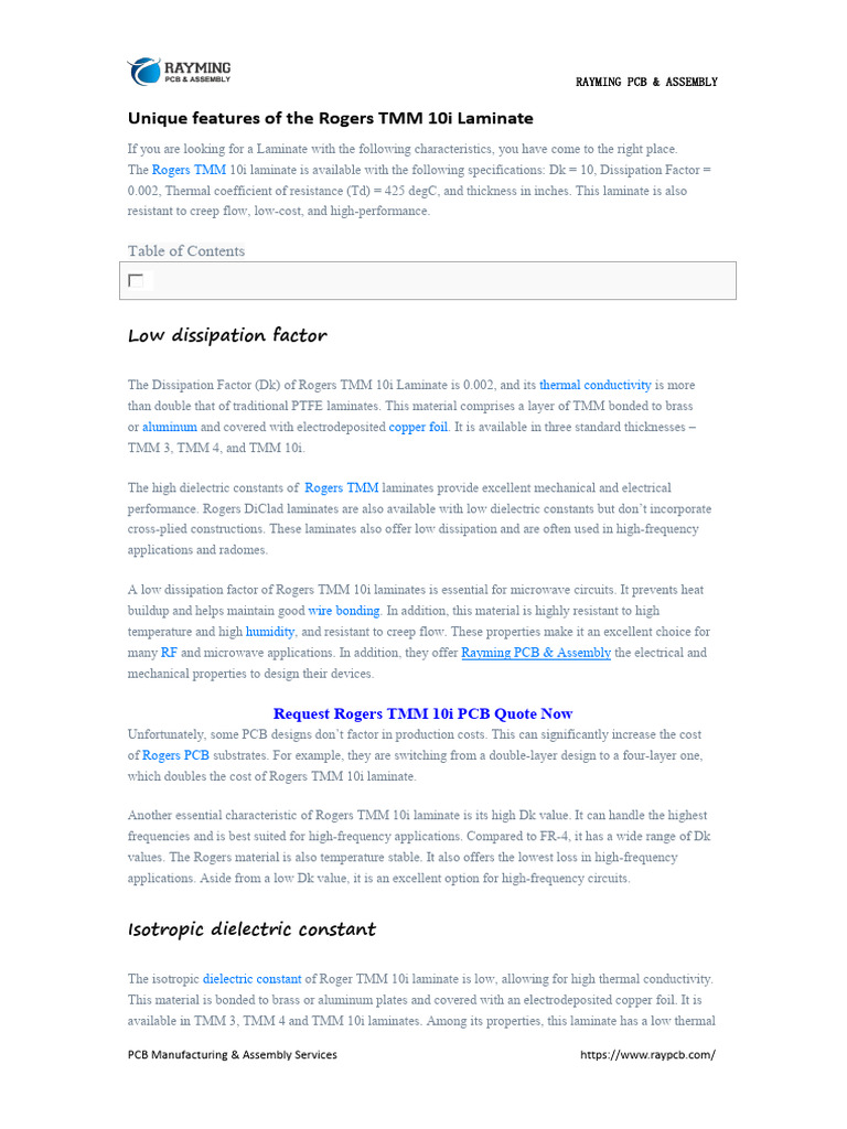 Unique Features of The Rogers TMM 10i Laminate | PDF | Printed Circuit ...