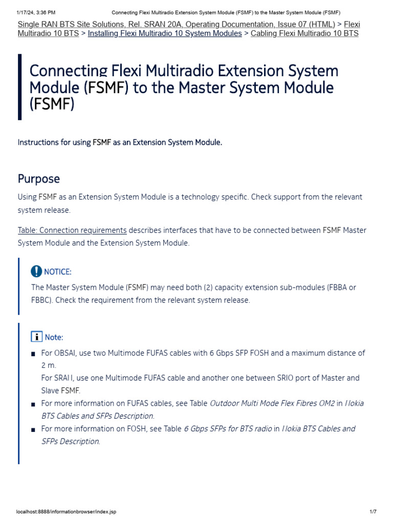 Connecting Flexi Multiradio Extension System Module (FSMF) to the Master System Module (FSMF ...