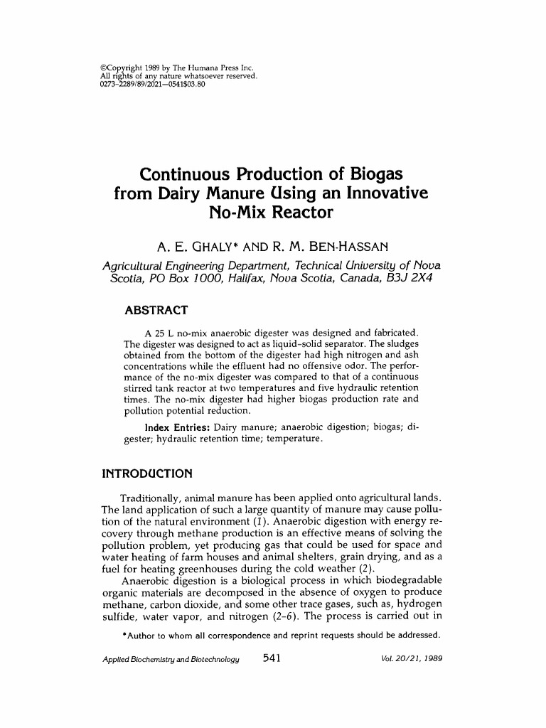 Ghaly Ben Hassan1989 Article ContinuousProductionOfBiogasFr | PDF ...