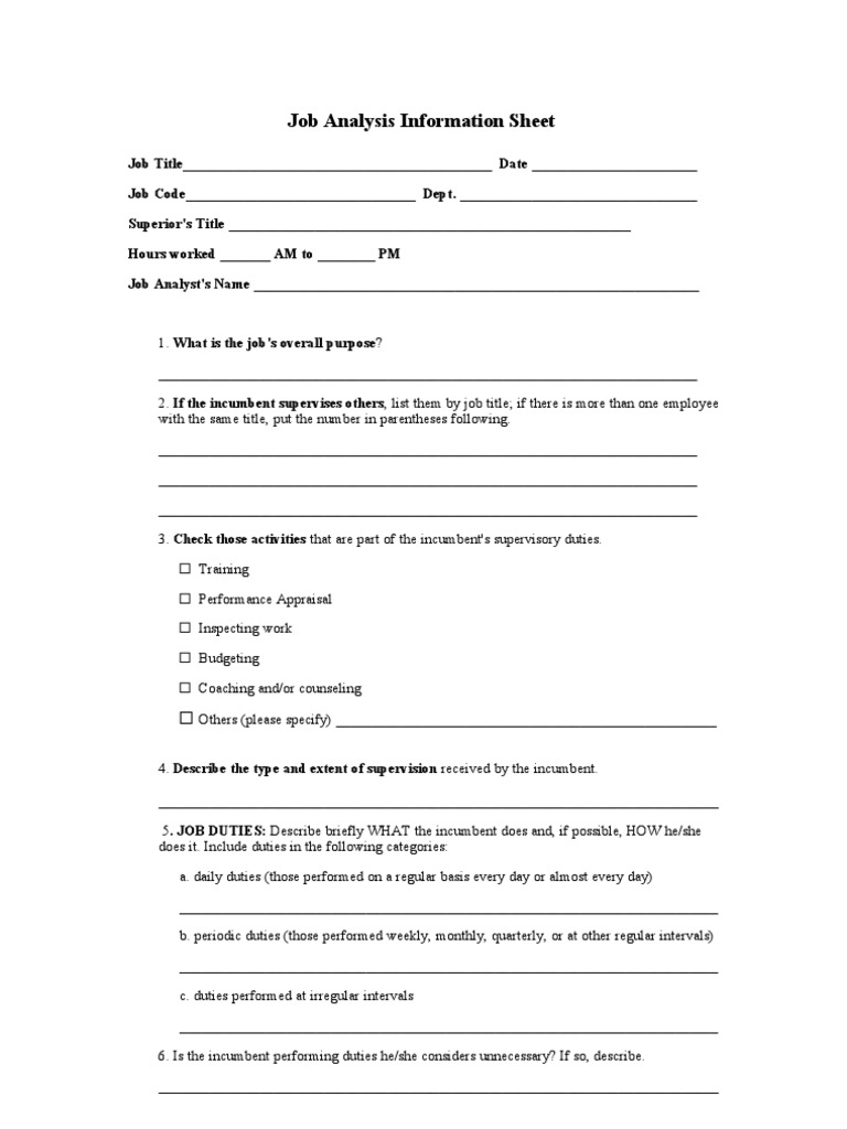 Job Analysis Information Sheet Ok | PDF | Employment | Occupational ...
